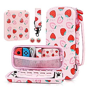 GLDRAM Pink Strawberry Carrying Case for Nintendo Switch & OLED Modle, Portable Switch Travel Protector with Cute Game Card Case, Shoulder Strap & 2 Thumb Caps, Switch Accessories Bundle for Girls