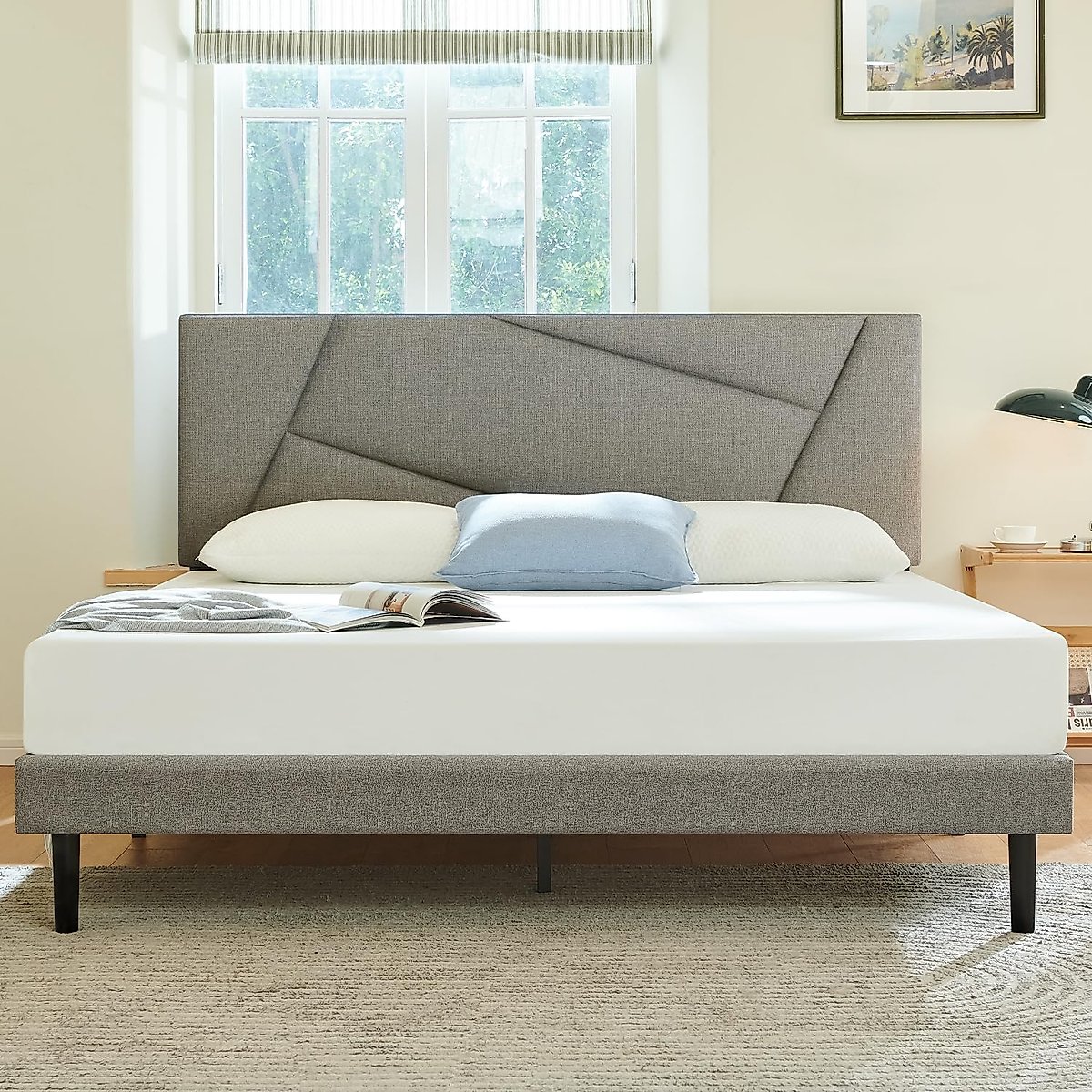 Molblly Queen Bed Frame with Adjustable Headboard, Linen Fabric Wrap, Strong Frame and Wooden Slats Support, No Box Spring Needed, Non-Slip and Noiseless, Easy Assembly, Light Grey