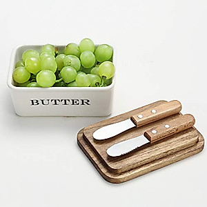 everous Butter Dish - Beautiful Farmhouse Kitchen Decor Butter Container With Wooden Lid and Knife(White)