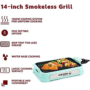 Holstein Housewares - 1200W 14 Inch Smokeless Grill, Mint - Convenient and User Friendly with Optimal Cooking HH-09114009I
