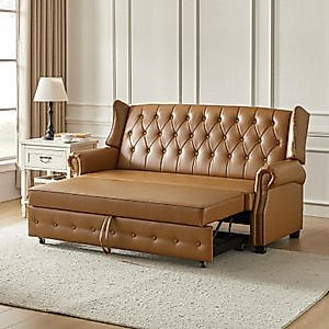 HULALA HOME 74" Leather Couch with Pull Out Bed, Convertible Sofa Bed Couch with Nailhead Arms and Tufted Back, Sleeper Loveseat Sofa for Bedroom Small Spaces, Living Room, Office, Camel
