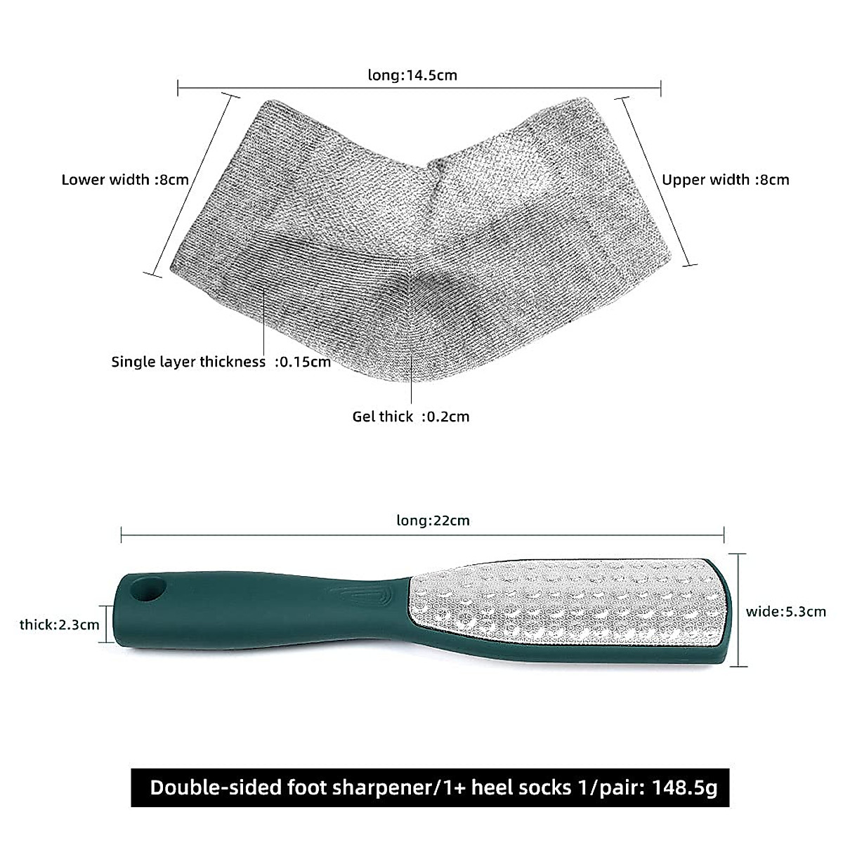 Foot File and Spa Socks Set, Foot Care Pedicure Stainless Steel File, Gel Lined Toeless Spa Socks, Moisturizing Heel Socks (Green+Grey)