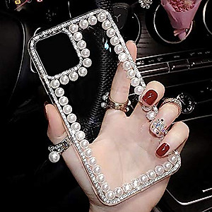 Guppy for iPhone 12 Pro Max Women Girls Bling Diamond Pearl Case Luxury Glitter Handmade Rhinestones Soft Silicone Rubber Sparkly Shiny Protective Cover Case for iPhone 12 Pro Max 6.7" Clear