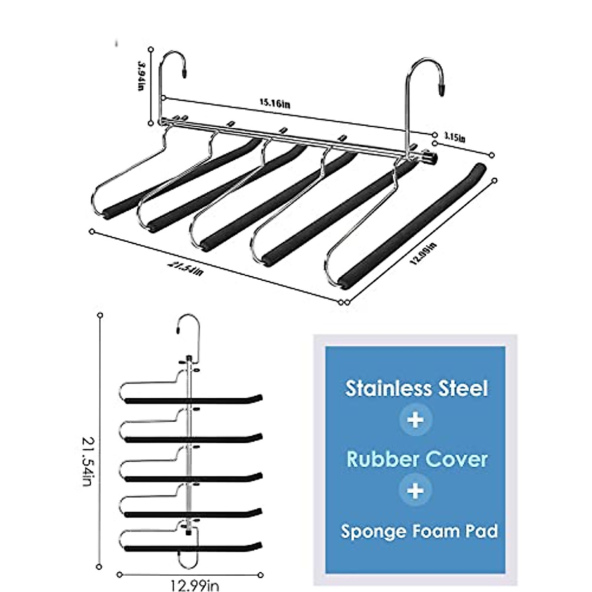 Pants Hangers Space Saving,5 Layers Pants Hangers with Non-Slip Foam Padded Swing Arm Trousers Hangers Heavy Duty Multi-Layer Pants Hangers Rack for Jeans Trousers Skirts Scarf(2 Pack)