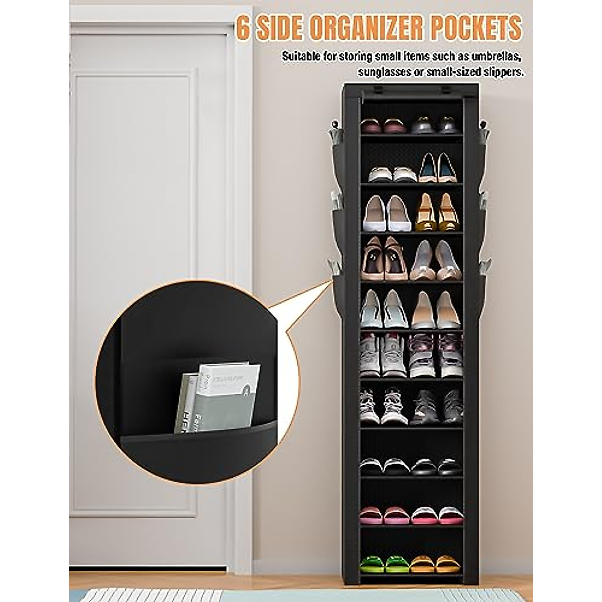 NiHome 10-Tier Tall Shoe Rack with Dustproof Waterproof Cover, Compact Narrow Shoe Rack Free Standing Shoe Storage Organizer for Closet Entryway, Metal Structure Vertical Shoe Shelf Tower, Black