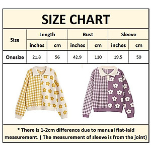 YEMOCILE Womens Kawaii Color Block Sweaters Cute Plaid Collared Pullover Jumper Sweatshirts Yellow