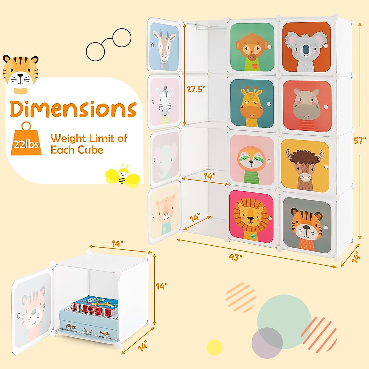 Nightcore Kids Wardrobe Closet, Portable Cartoon Clothes Closet DIY Modular Storage Organizer, Sturdy and Safe for Children, 12 Cubes & 2 Hanging Sections, Kids Wardrobe for Bedroom Nursery (White)