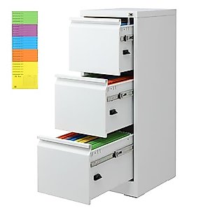 Finnhomy 3 Drawer Vertical File Cabinet with Lock, Metal Filing Cabinets for Home Office, Heavy Duty Storage Cabinet for Hanging Files A4/Letter/Legal with 25 Legal Size folders, Assembly Required
