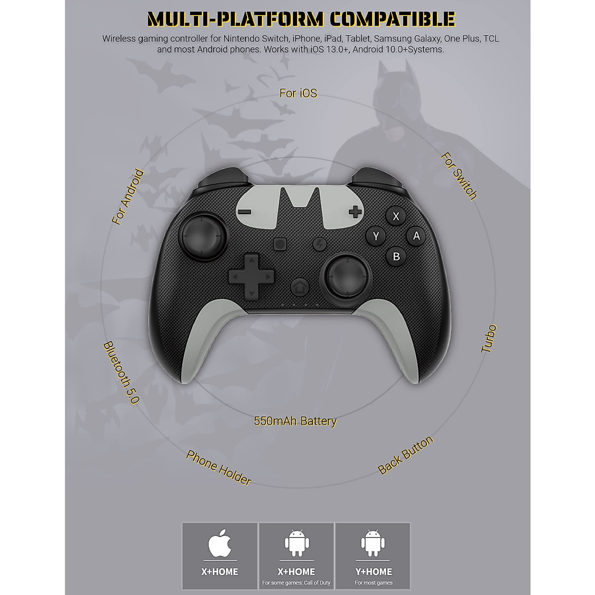 arVin Bluetooth Controller for iPhone/iPad/iOS/Android/Tablet/Switch Controller, Wireless Gaming Gamepad for iPhone14/13/12/11, Samsung Galaxy S22/S21/S20 Ultra with Phone Holder, Back Button, Turbo