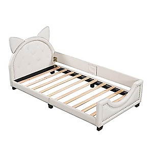MWrouqfur Wooden Twin Size Upholstered Bed Frame with Carton Ears Shaped Headboard, Twin PU Leather Platform Bed for Girls Boys, Low Profile Single Bed - No Box Spring Needed
