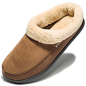 NewDenBer Men's Warm Memory Foam Suede Plush Fleece Lined Slip on Indoor Outdoor Clog House Slippers (11-12 D(M) US, Dark Brown)