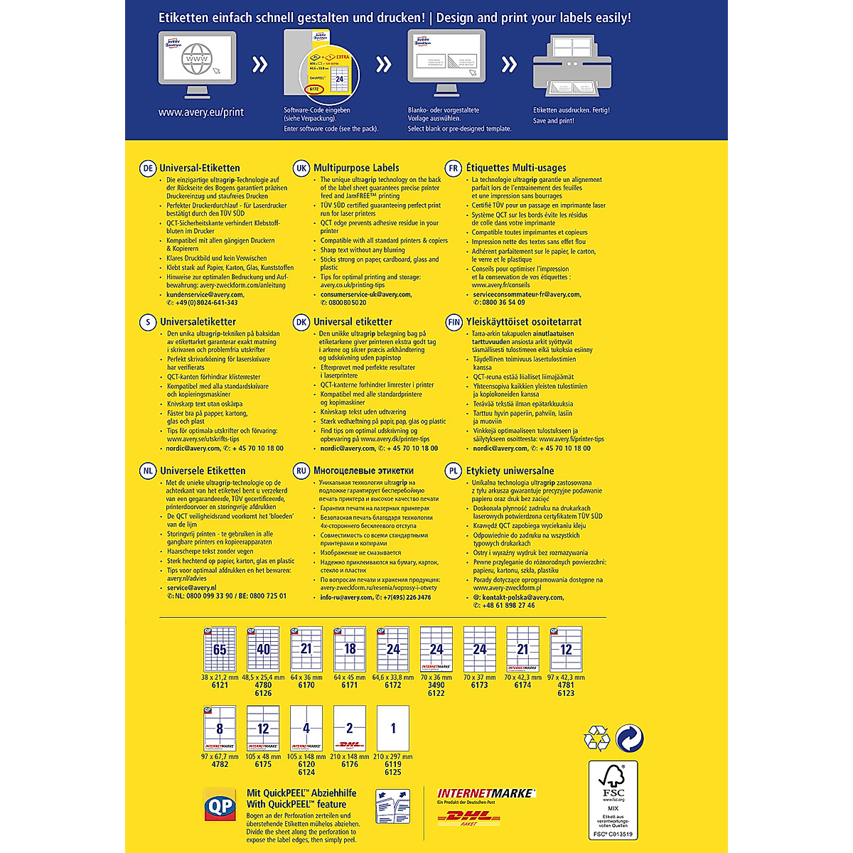 Avery Zweckform 6170 Labels 64 x 36 mm Quick-Peel 25 Sheets
