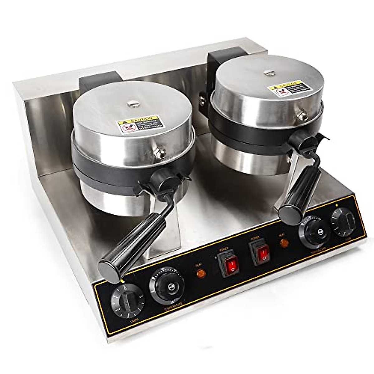 Commercial Dual-Head Rotating Non-Stick Round Belgian Waffle Maker - 1500W 7 Inch Stainless Steel Waffle Iron Machine for Restaurant or Bakery - Temperature and Time Control, 110V