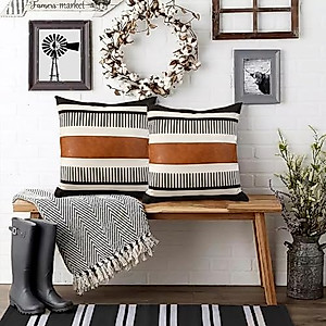 Vfuty Pack of 2 Farmhouse Throw Pillow Covers for Couch Sofa Decorative Faux Leather Square Cushion Cover Tribal Stripe Accent Pillow Case 18 x 18 Inch,Black