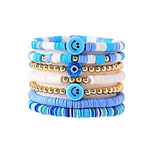 Heishi Surfer Bracelets Set Colorful Preppy Smile Evil Eye Beaded Stretch Bracelets Clay Stackable Boho Disc Party Gifts Y2K Kidcore Aesthetic Summer Beach Bohemian Layering Bracelets Jewelry for Women Teen Girls (A)