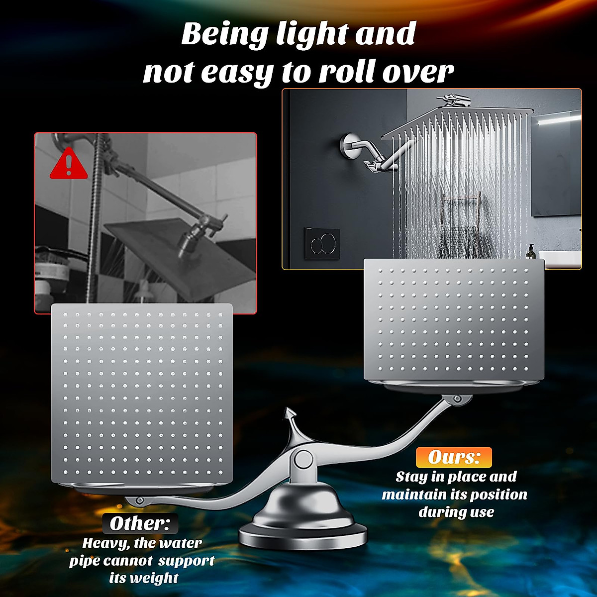 Rain Shower Head, 12 Inch Rectangle High Pressure Large Coverage Rainfall Showerheads, All Metal Wall Mount 360° Adjustment Fixed Shower Head, Easy Installation (Chrome)