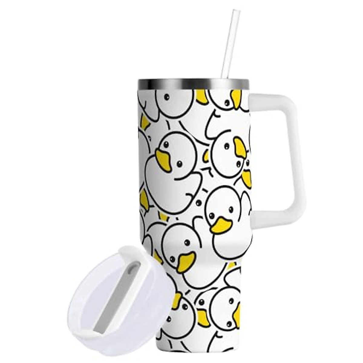 MCHIVER Cute Duck White 30 oz Tumbler with Handle and Straw Stainless Steel Vacuum Water Bottle Leak-proof Travel Coffee Mug Insulated Tumbler for Office Home Car