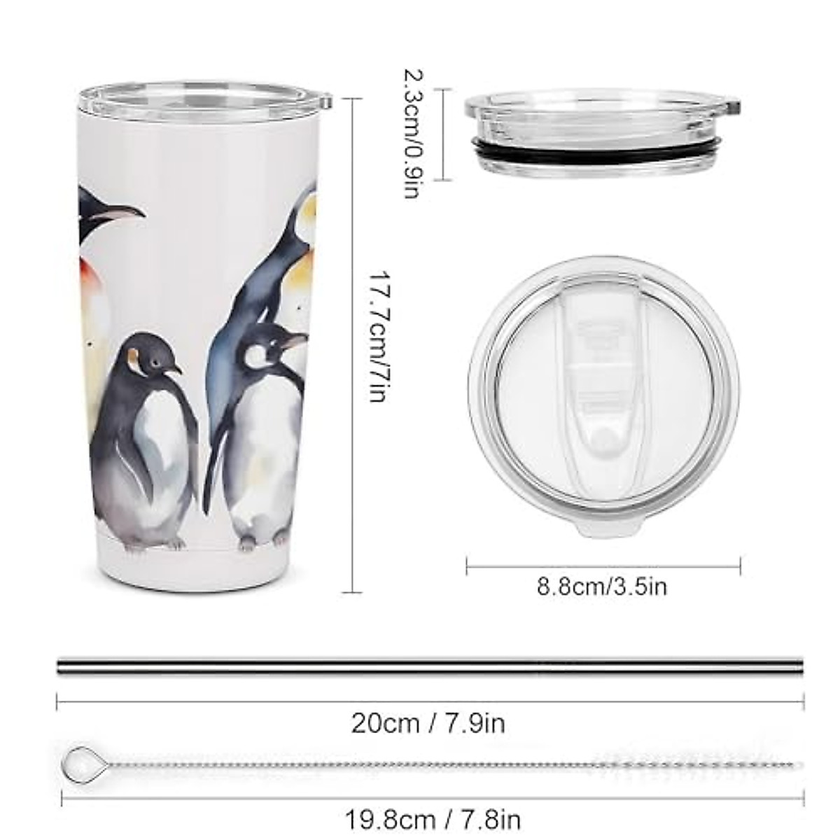 20 Oz Tumbler With Straw Leak Proof Thermos Cup, Animal Penguins Watercolor Pattern Stainless Steel Insulated Travel Coffee Mug Fit for Car Cup Holder