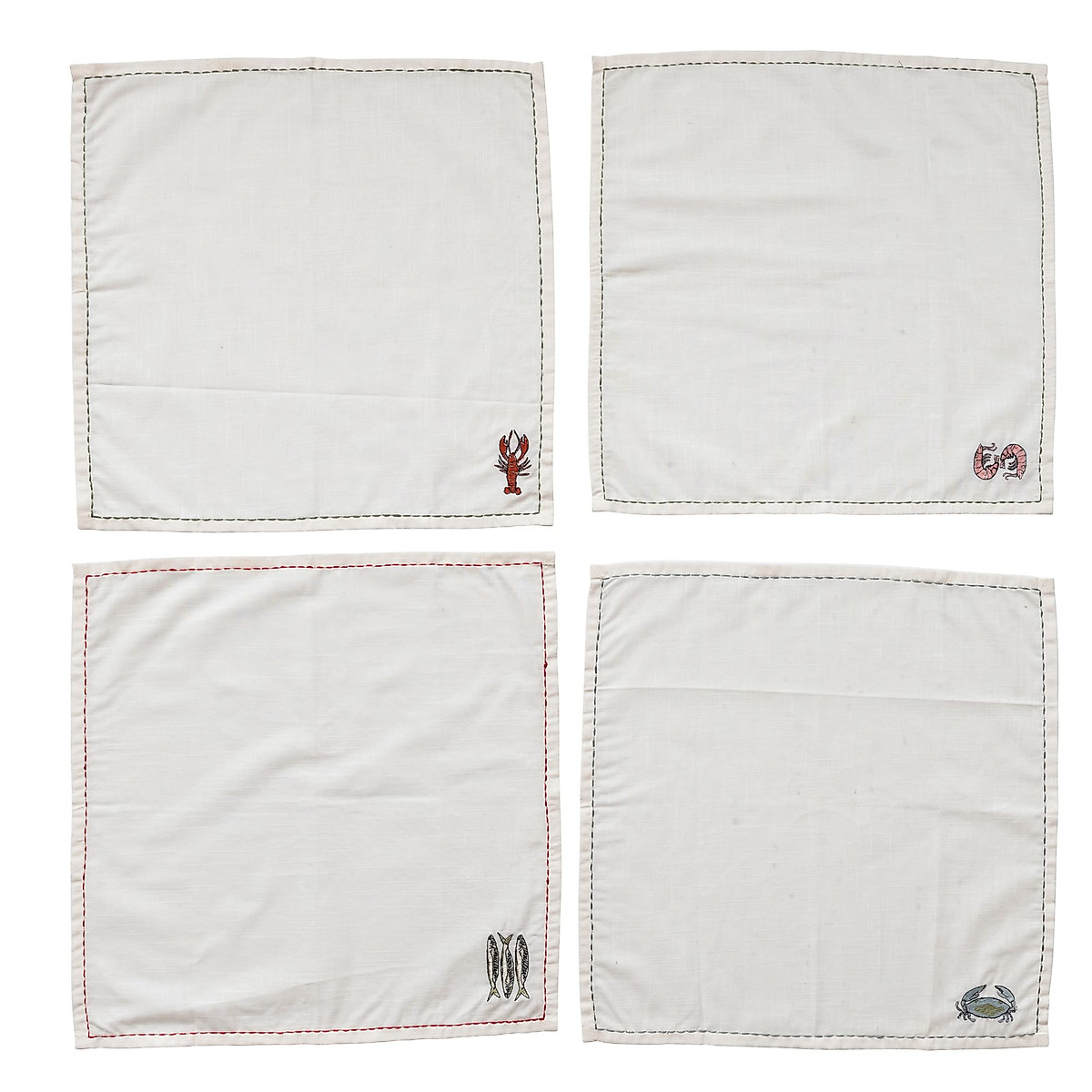Creative Co-Op Cotton Sea Life Embroidery, Set of 4 Styles, Multicolor Napkin, Multi