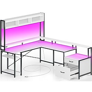 Rolanstar Computer Desk with File Drawer & Led Lights, 102.4" L Shaped Desk with Power Outlets, Gaming Desk with Monitor Stand, Hutch & Storage Shelf, Home Office Desk White