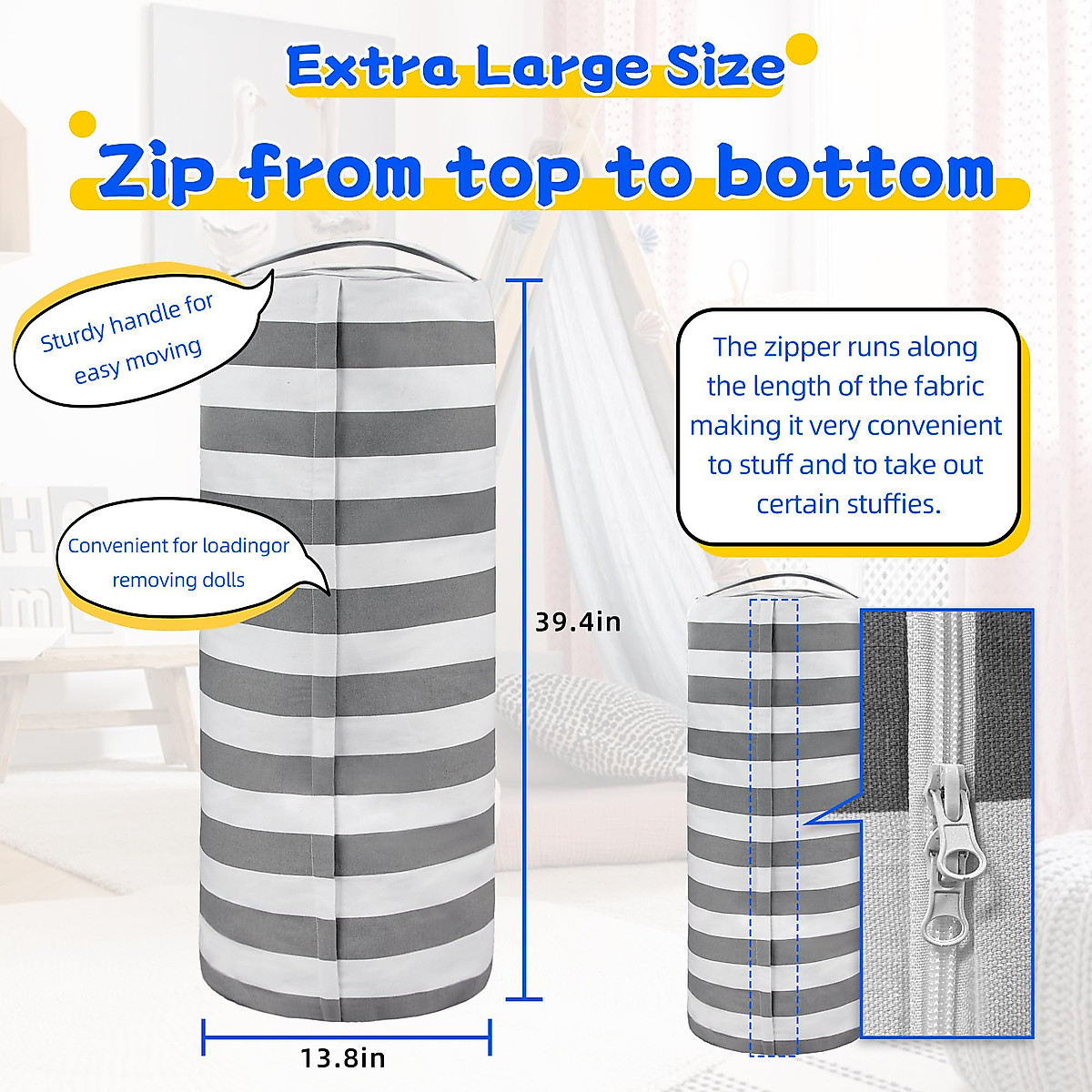 LAHAQIQI Stuffed Animal Storage Bean Bag Cover for Kids Plush Toys Organizer Bags for Boys and Girls A Full-length Zipper Cylinder Room Furniture Decor - Organize, Sit, Play & Box