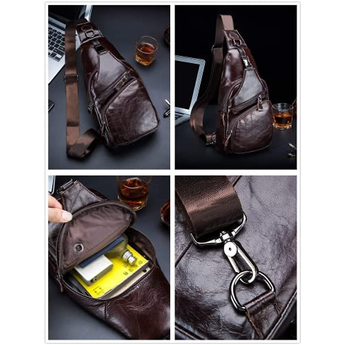 Leather Sling Bag Small Purse for Men Women Crossbady Bag Chest Bags Shoulder Backpack Cross Body Man Womens Water Resistant Vintage