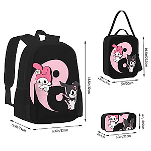ORPJXIO Backpack 3 Piece Set Kuromi Anime My Melody Laptop Backpack Pencil Case Lunch Bag Combination For Travel Work Camping