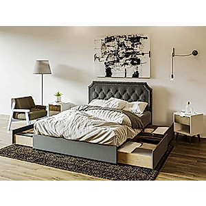 DG Casa Ardon Upholstered Platform Bed Frame with Storage Diamond Button Tufted Nailhead Trim Adjustable Height Headboard Full Wooden Slats - Queen Size Bed in Grey Fabric