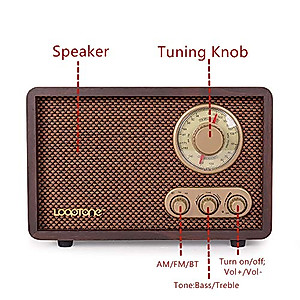 LoopTone FM AM Radio Retro Wood Radio with Bluetooth Play Mp3 and Antenna Built in Speaker for Kitchen Living Room