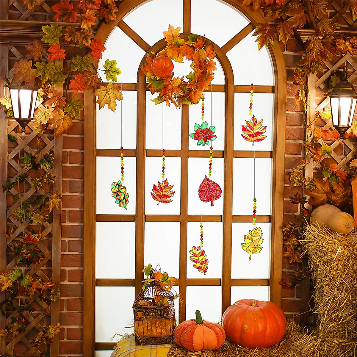 Winlyn 24 Sets Fall Leaf Suncatchers Ornaments Decorations DIY Window Paint Art Suncatchers Craft Kits Autumn Maple Leaf Sun Catchers for Kids Classroom Thanksgiving Harvest Party Art Project
