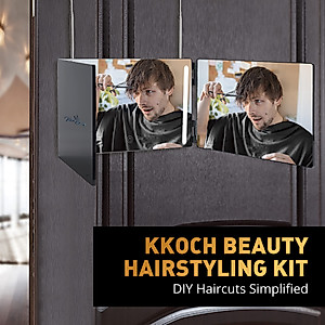 KKOCH BEAUTY 3 Way Mirror with LED Lights, Haircutting Kit, 360 Mirror for Braiding and Makeup, Mirror to See Back of Head, Self Cut for Men Women Kids
