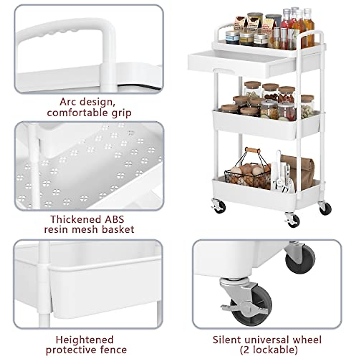 Dttwacoyh 3-Tier Rolling Cart，Trolley with Drawer, Multifunctional Storage Organizer with Plastic Shelf & Metal Wheels, Kitchen Storage Cart for Living Room, Kitchen, Office, Bathroom, White