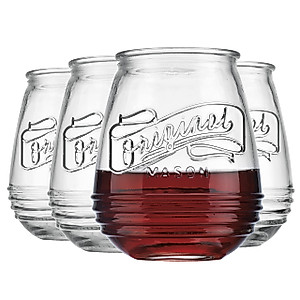 Glaver's Stemless Wine Glasses 21 Oz. Set Of 4 Original Mason Vintage Goblet Beverage Glasses Uses For Your Cocktail Lounge, Whiskey Parties, and Everyday Dinner Table. Dishwasher Safe.