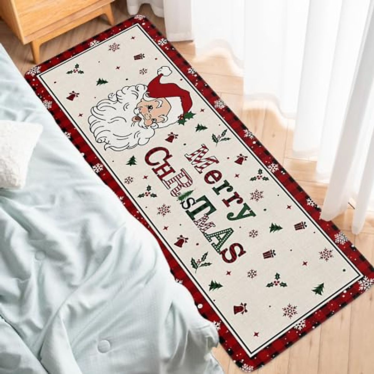Prime Leader Merry Christmas Kitchen Mat Set 2 Pieces Cute Santa Claus Decor Red Black Buffalo Plaid Non Slip Kitchen Rugs Washable Runner Rug Mats for Kitchen Sink, 15.7" x 23.6"+15.7" x 47.2"