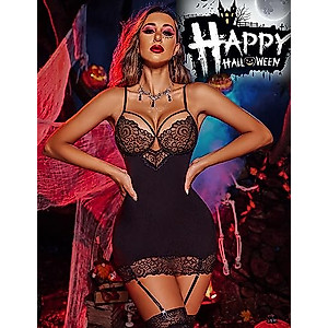 Avidlove Women Lingerie Teddy Bodysuit with Garter Belt Lace Babydoll Full Slips No Stockings (Black1, Large)