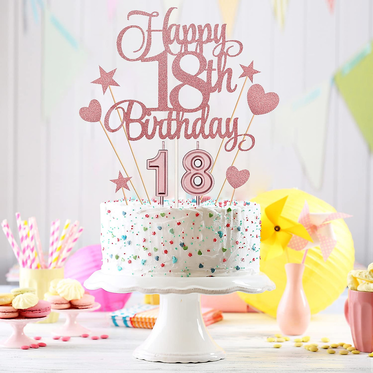 18th Birthday Cake Decorations Set Include 18th Birthday Candles Numeral 18 Cake Candles and Happy 18th Birthday Cake Toppers with Heart Star Cupcake Picks for Birthday Party (Rose Gold Series)