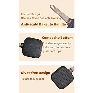 HUPECHAM Grill Pan MINI Size19cm/7.5 Inch For Indoor Cooking Non-Stick Granite, Griddle Pan For Stove Top, Steak Pan For Stove Top, Aluminum Skillet Griddle, Single Serve