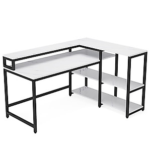 LITTLE TREE Reversible L Shaped Computer Desk with Storage Shelf, Industrial Corner Desk with Monitor Stand for Home Office