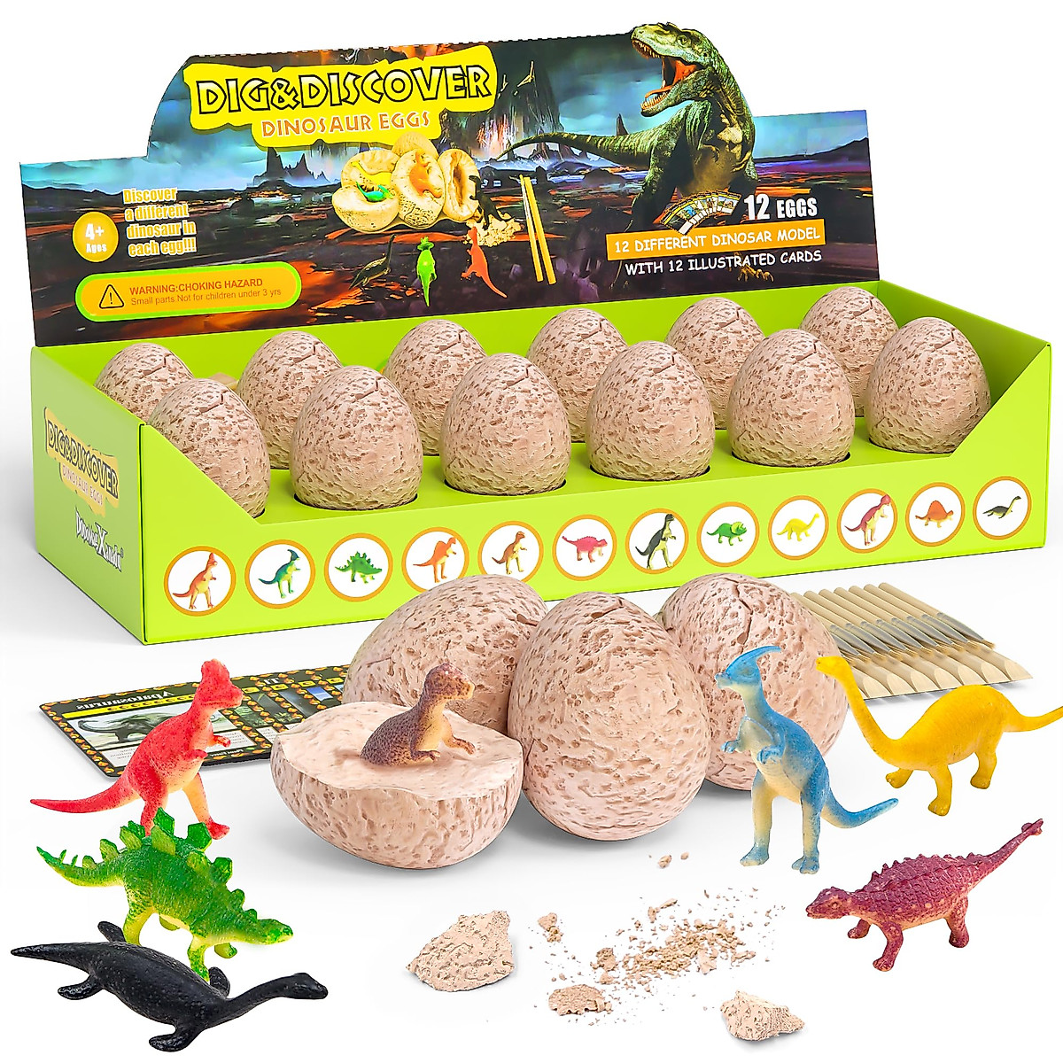 DoDoMagxanadu Dinosaur Eggs,12 Dino Eggs Dig Excavation Kit Dinosaur Toys for Boys, Science STEM Dinosaur Party Favors Goodie Bag Stocking Stuffers for Boys & Girls Ages 3-5 4-7 5-7+