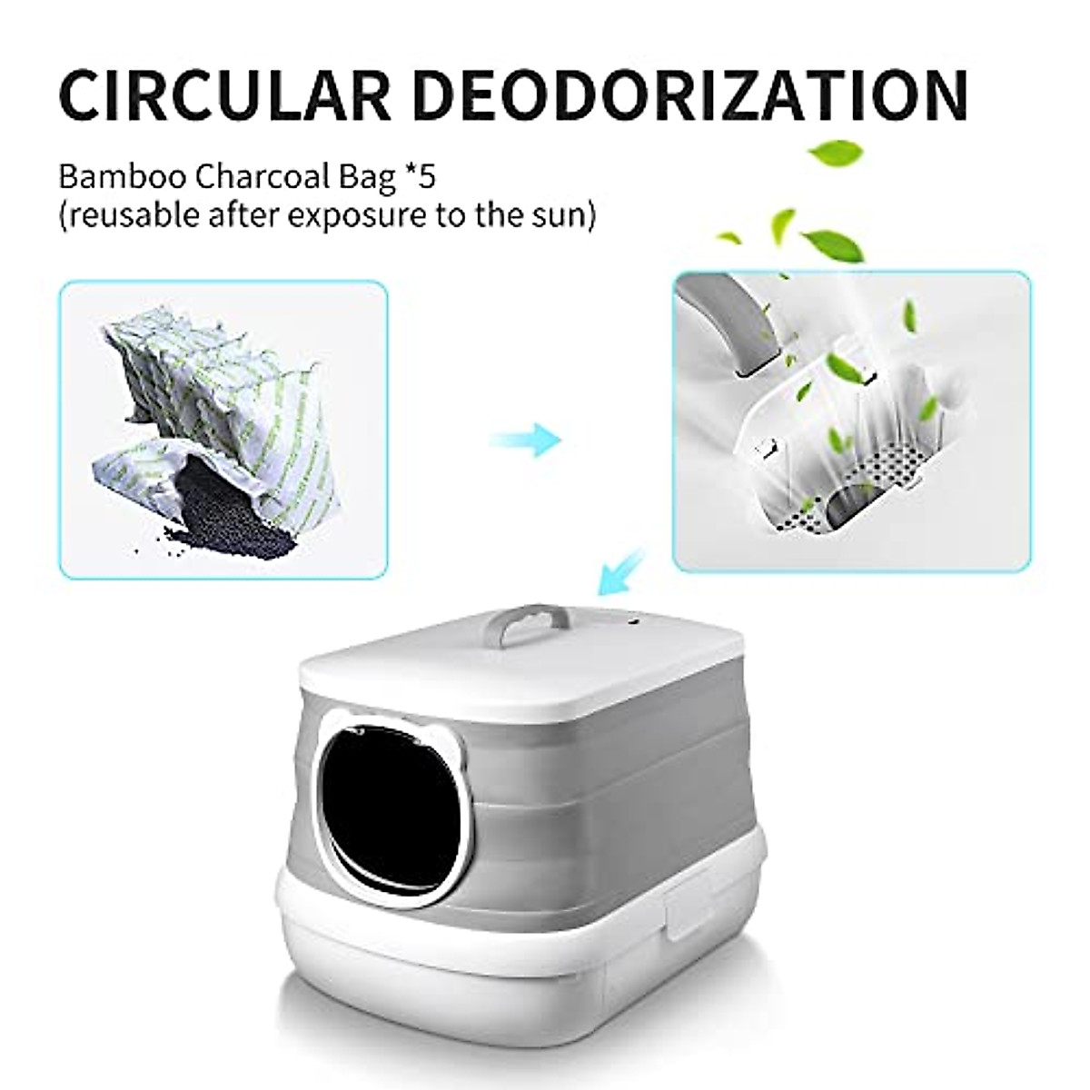 FLARUZIY Cat Litter Box, Foldable Large Portable Litter Box with Shovel Storage Space, Prevents Urine and Litter Leakage, Fully Enclosed Litter Box Isolates Odor, Portable for Outdoor Travel