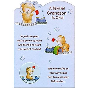 Designer Greetings Bear Playing with Train Die Cut Juvenile 1st / First Birthday Card for Grandson
