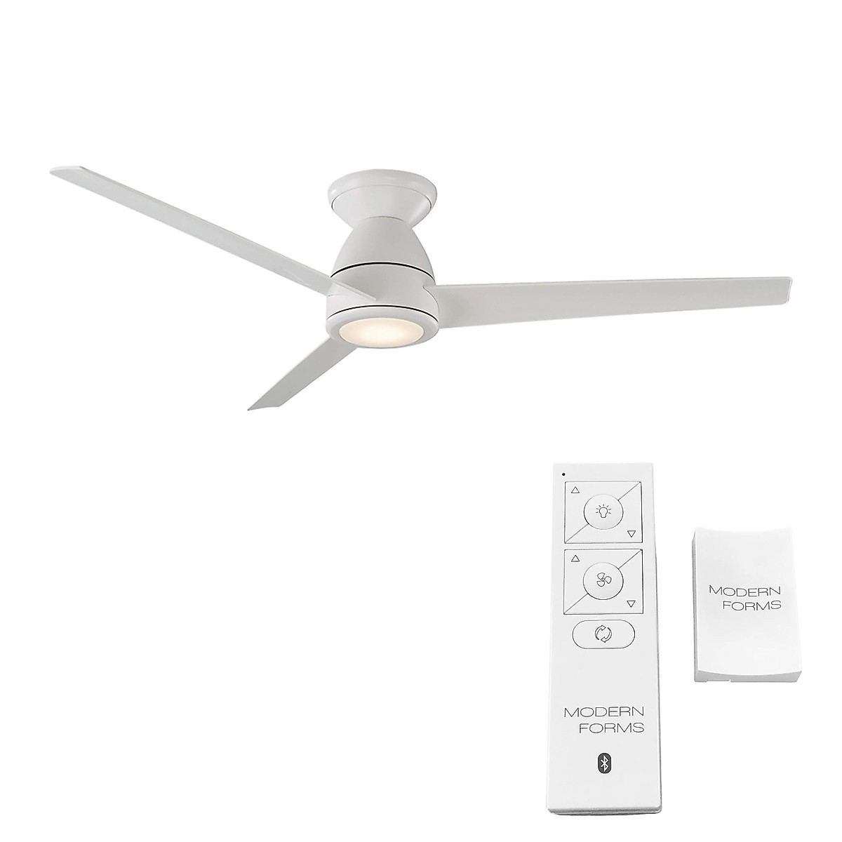 Modern Forms Tip Top Smart Indoor and Outdoor 3-Blade Flush Mount Ceiling Fan 52in Matte White with 2700K LED Light Kit and Remote Control worksworks with Alexa and iOS or Android App