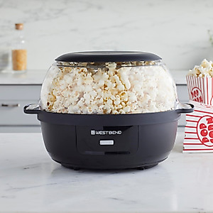 West Bend Stir Crazy Hot Oil Popcorn Popper, Popcorn Maker Machine with Large Serving Bowl Lid and Stirring Rod, 6 Qt, Black