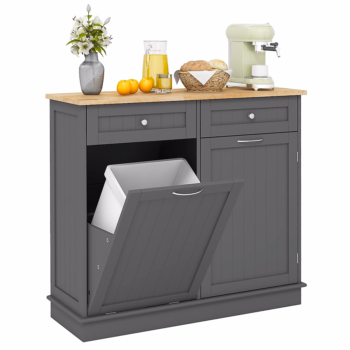 Giantex Tilt Out Trash Cabinet 15.5 Gallon, Wooden Laundry Room Cabinet, 2 Drawers, Storage Cabinet, Recycling Trash Cabinet, Kitchen Island with Garbage Can Holder, 39.5" x 14" x 35.5", Gray
