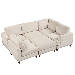 WADRI Modular Sectional Sofa with Ottoman, L-Shaped Corner Sectional, Corduroy Fabric Oversized Sectional Sofa, 5-Seat Couch or Living Room, Office, Free Combination (Beige-A55)