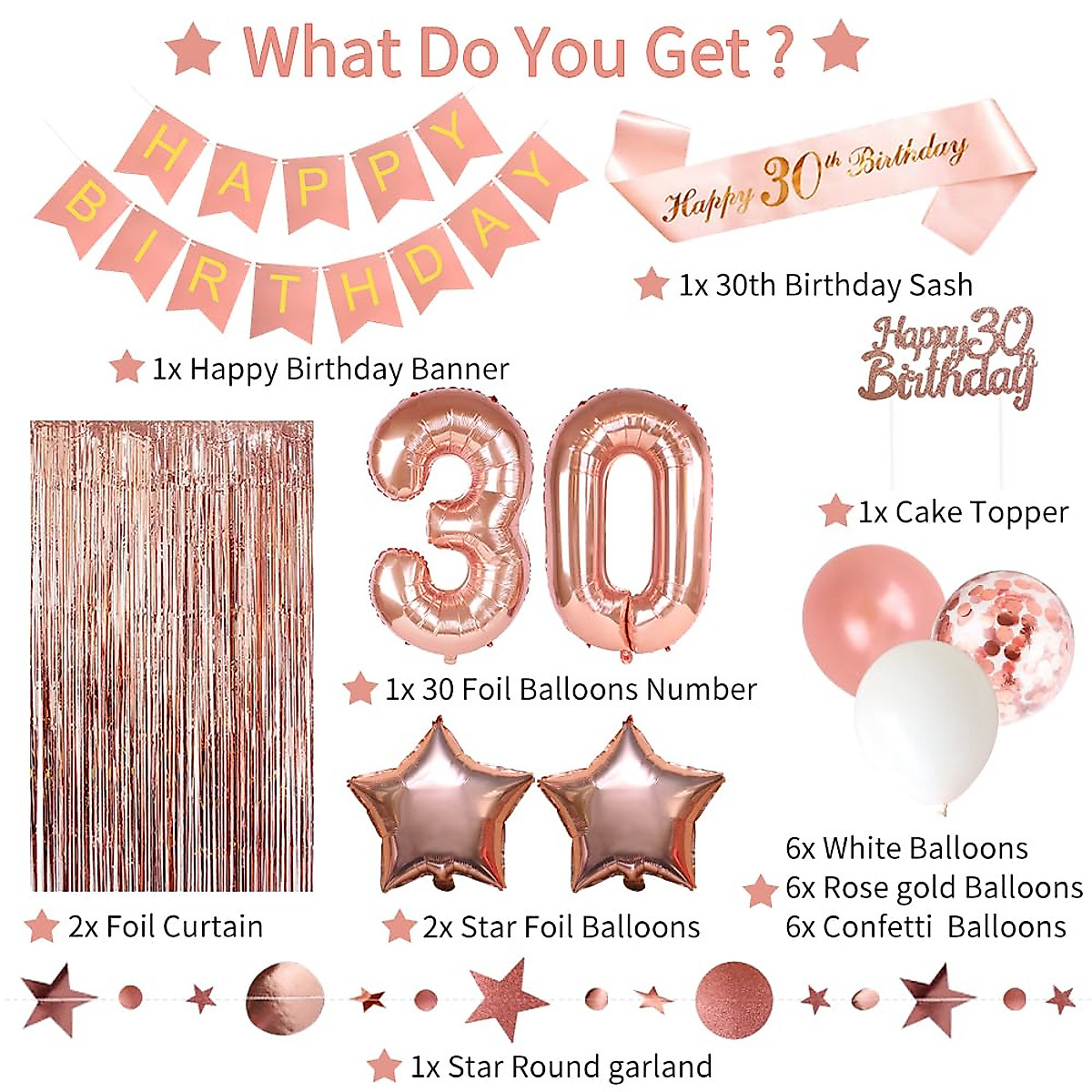 30th Birthday Decorations for Her, Happy Birthday Banner 30 Balloon Numbers Happy Birthday Cake Topper Rose Gold Curtain 30th Birthday Sash Anniversary Decorations Birthday Backdrop