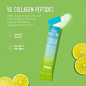 Vital Proteins Hydration Electrolyte Powder with Collagen - 1g Functional Sugar - 880mg Electrolytes - 100% DV Vitamin C (Lemon Lime, 7 Count)