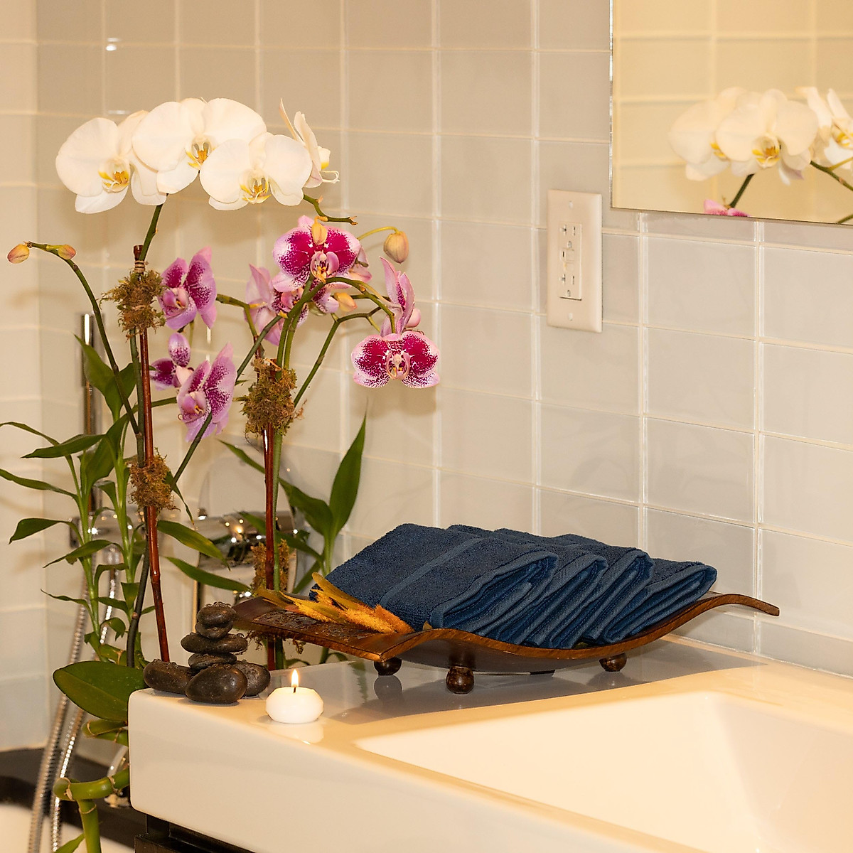 Mosobam Luxury Turkish 8pc Towel Set 30X58 16X30 13X13 Navy Blue 700 GSM Bamboo Viscose & Aegean Turkish Combed Cotton