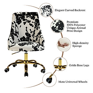 HULALA HOME Upholstered Desk Chair Modern Armless Office Chair with Wheels, Adjustable Swivel Fabric Task Chair for Living Room, Bedroom, Vanity Room(Gold Base, Black)