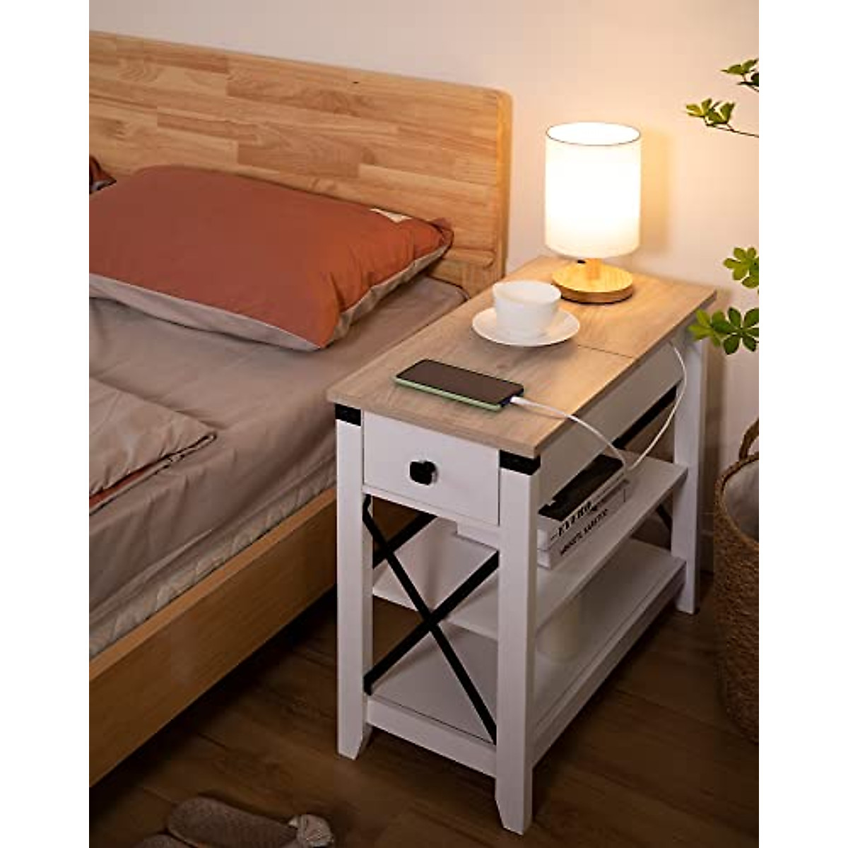 Awescuti Narrow End Table with Charging Station Farmhouse Slim Side Table with USB Ports and Power Outlets, Nightstand with Flip Top and Storage Drawer, for Small Spaces Living Room Bedroom, White